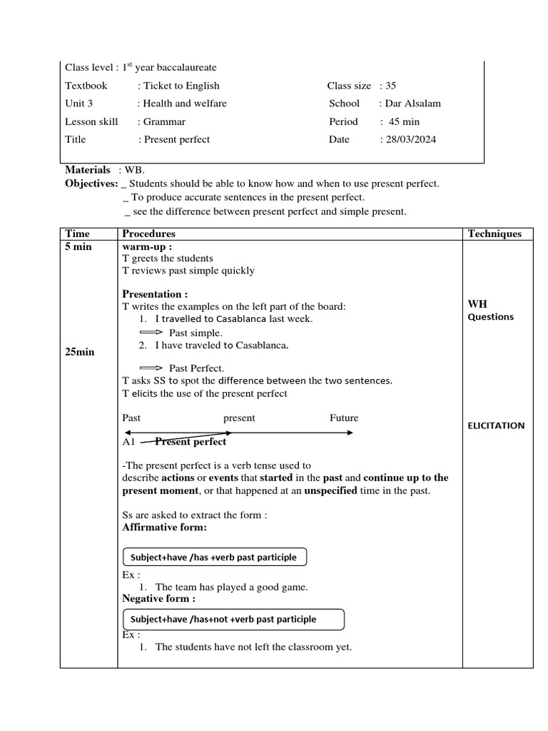 Unit 3 Grammar Present Perfect Lesson Plan | PDF | Verb | Language ...