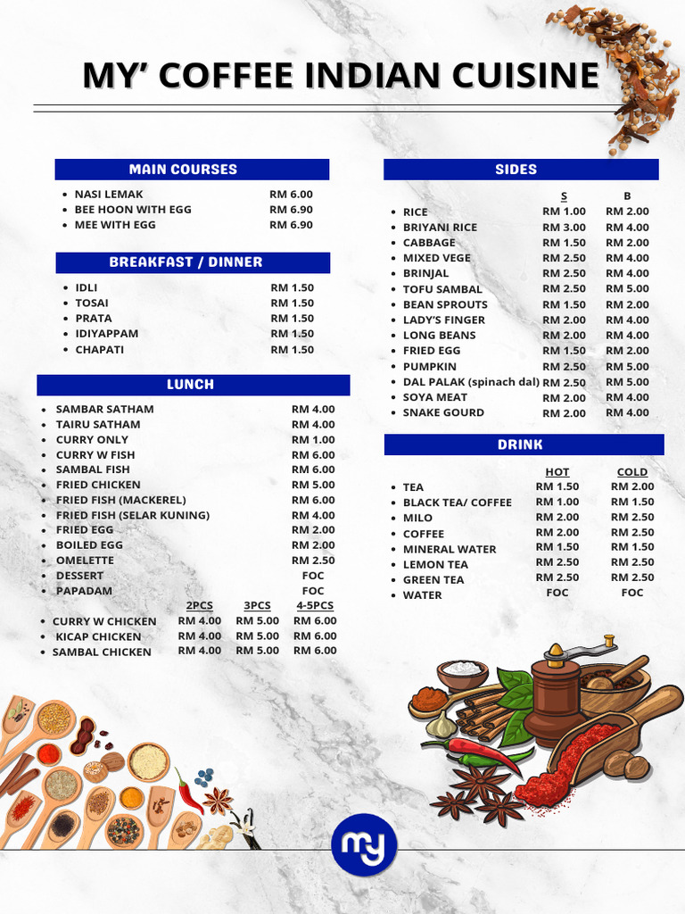 MENU MY'COFFEE - Indian Cuisine (Document (A4) ) | Download Free PDF ...