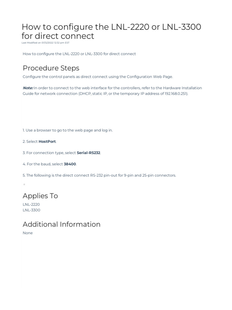 How To Configure The LNL 2220 or LNL 3300 For Direct Connect | PDF