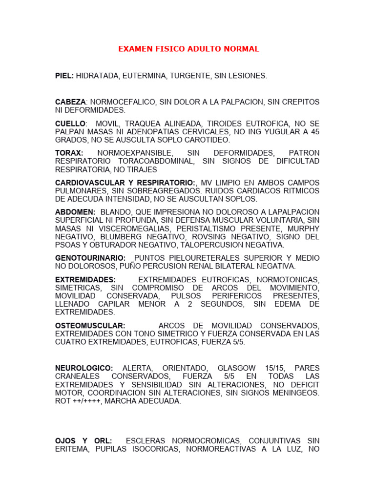 Examen Físico Normal en Adultos y Niños | PDF | Medicina CLINICA | Anatomía
