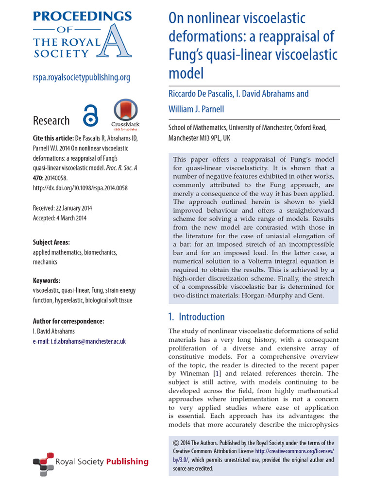 On Nonlinear Viscoelastic Deformations - A Reappraisal of Fungs Quasi-Linear Viscoelastic Model ...