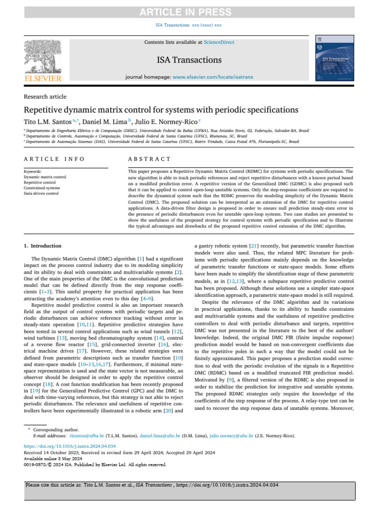 Repetitive Dynamic Matrix Control For Systems With Periodic Specifications | PDF | Control ...