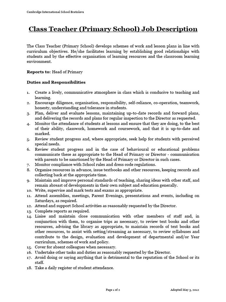 Primary School Teacher Job Description | PDF | Teachers | Schools