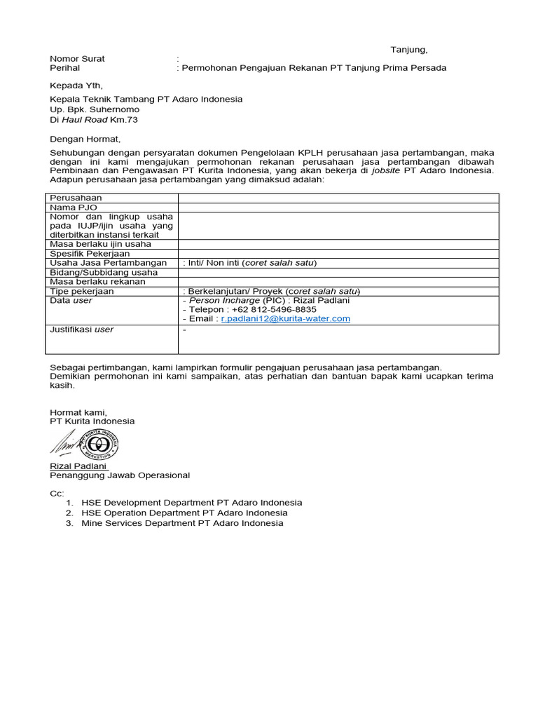 Surat Permohonan Pengajuan Rekanan | PDF