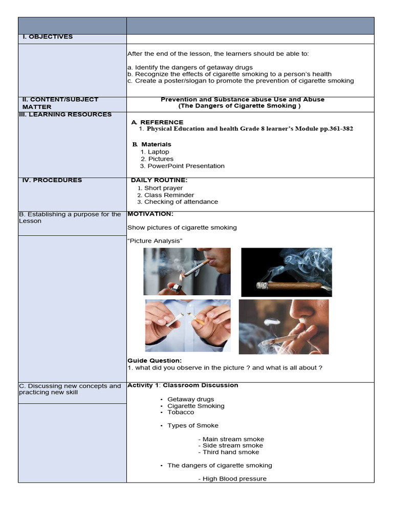 Finallesson Plan Cigarette Smoking | PDF | Cigarette | Tobacco Smoking