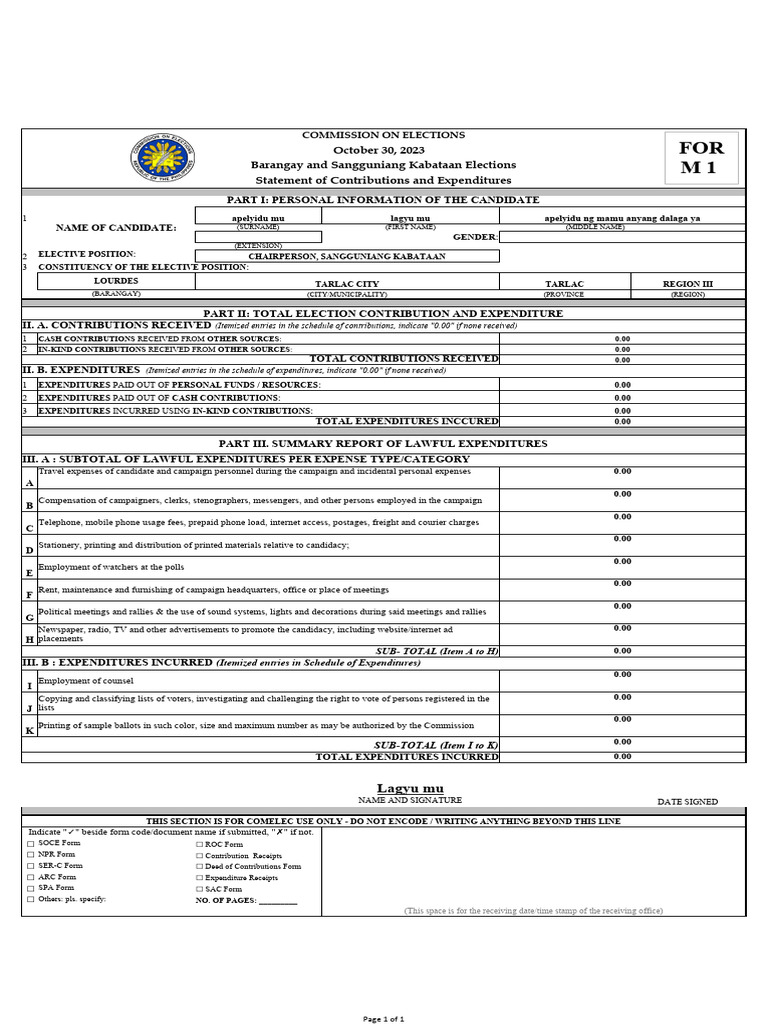 SOCE2023BSKEFORMS_FORM1_REYZAR | PDF | Expense | Elections