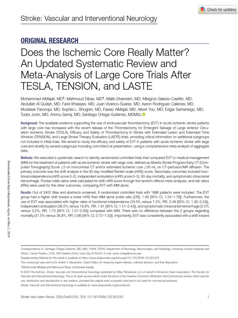 Almajali Et Al 2024 Does The Ischemic Core Really Matter An Updated Systematic Review and Meta ...