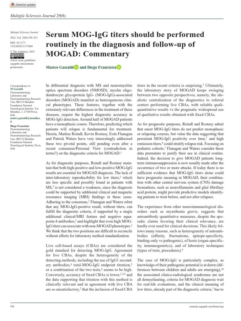 Serum Mog Igg Titers Should Be Performed Routinely in The Diagnosis and ...