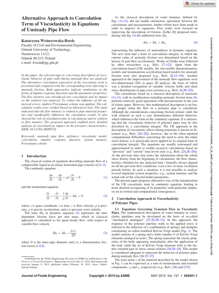 Alternative Approach To Convolution Term of Viscoelasticity in Equations of Unsteady Pipe Flow ...