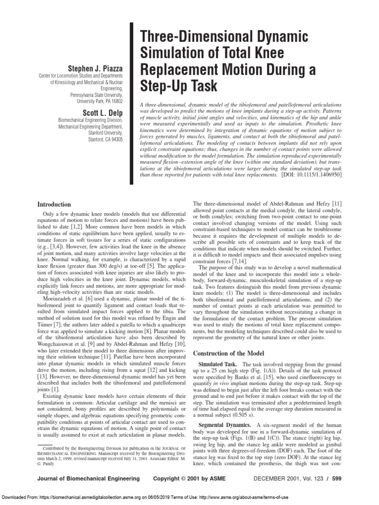 Three - Dimensional Dynamic Simulation of Total Knee Replacement Motion During A Step - Up Task ...