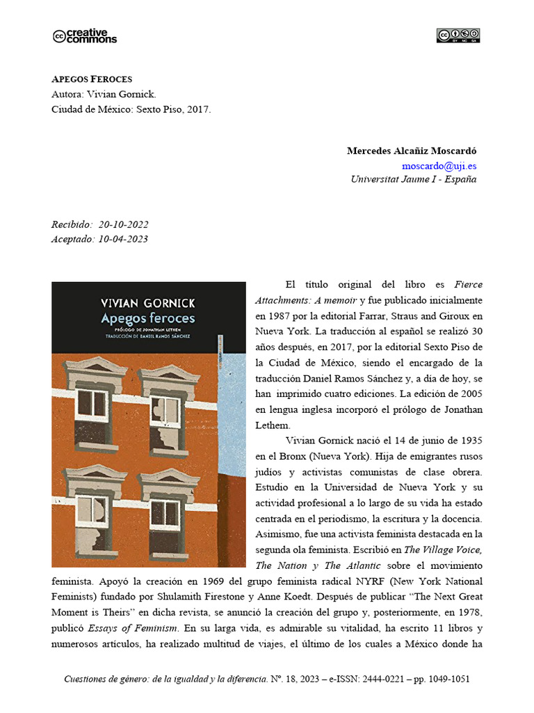 Reseña de "Apegos Feroces" de Gornick | PDF | Feminismo | Estudios de ...