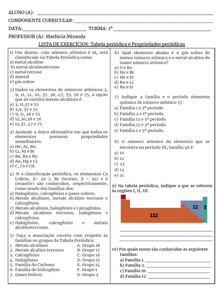 Química 1º Ano 12 06 2024 Pdf Tabela Periódica Metais