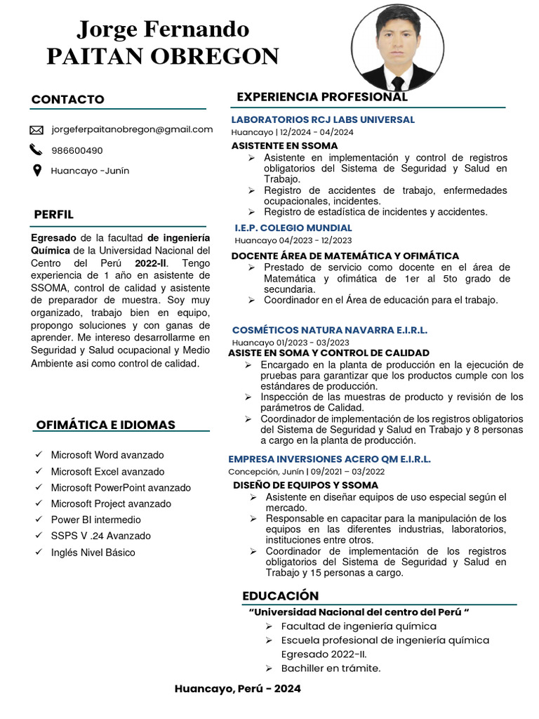 Cv-Paitan Obregon Jorge Fernando-1 | PDF | Perú | Laboratorios