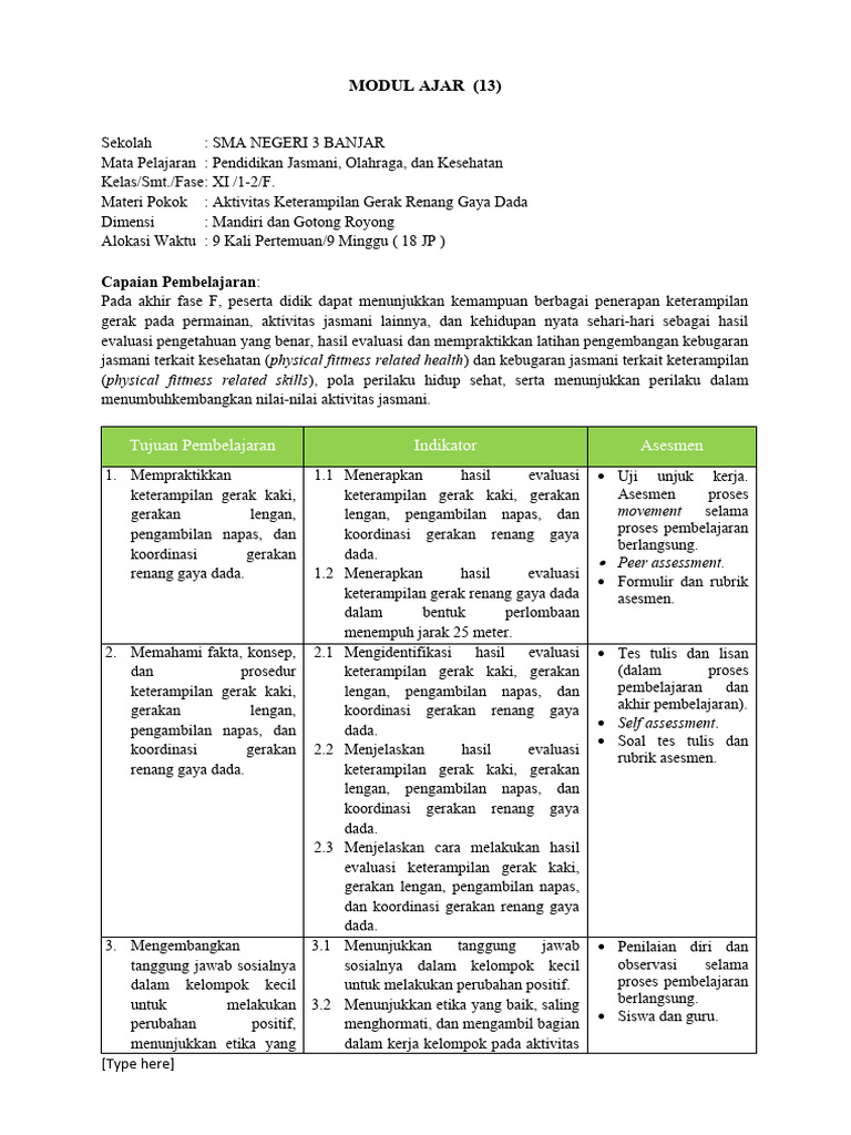 13 MODUL AJAR Renang Gaya Dada XI | PDF