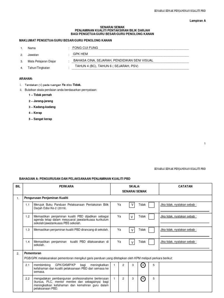 V2SLT Senarai Semak Penjaminan Kualiti PBD Lampiran A-FCF | PDF