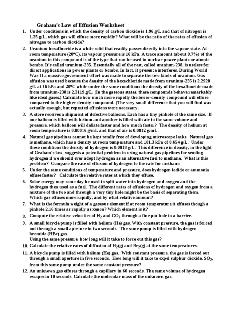 Graham's Law of Effusion Worksheet | PDF | Helium | Uranium
