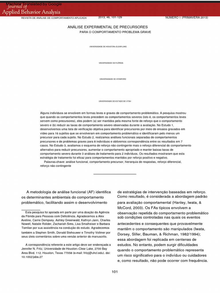 Experimental Analisys of Precusors To Severe Problem Behavior | PDF ...