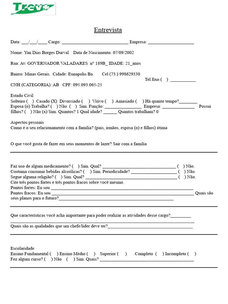 Entrevista 1 | PDF | Estilo de vida