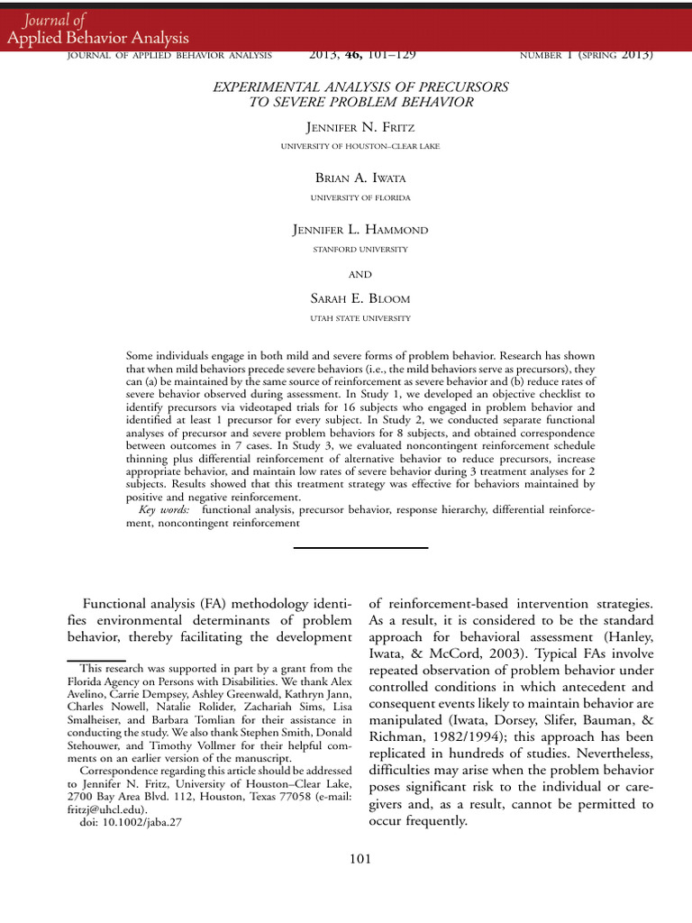 Experimental Analisys of Precusors to Severe Problem Behavior | PDF ...