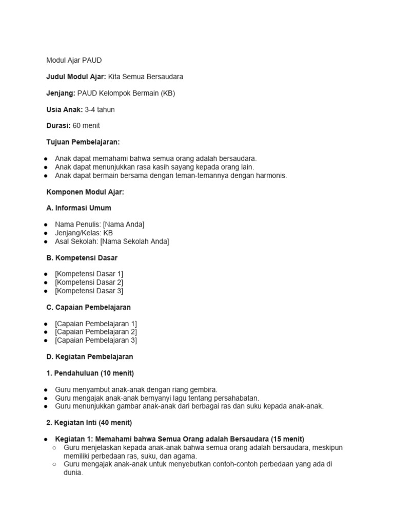 Modul PAUD: Kita Semua Bersaudara | PDF | Karier & Perkembangan | Seni ...