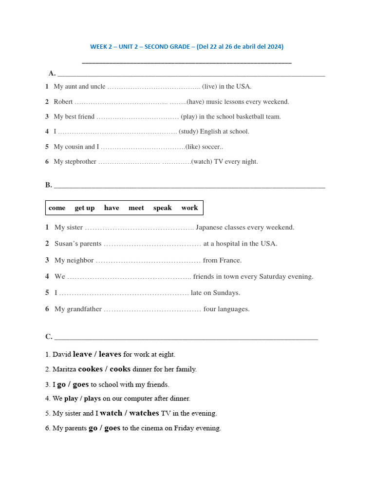 WEEK 2 UNIT 2 SECOND GRADE Del 22 al 26 de abril del 2024 | PDF