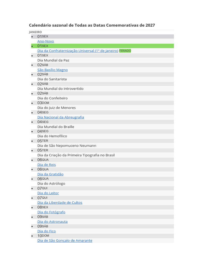 Calendário Sazonal de Todas As Datas Comemorativas de 2027 | PDF | Brasil