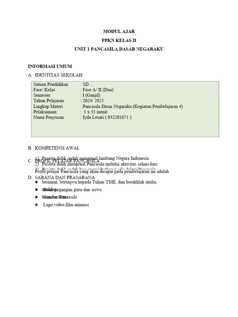 Pembelajaran Pancasila untuk Kelas II | PDF