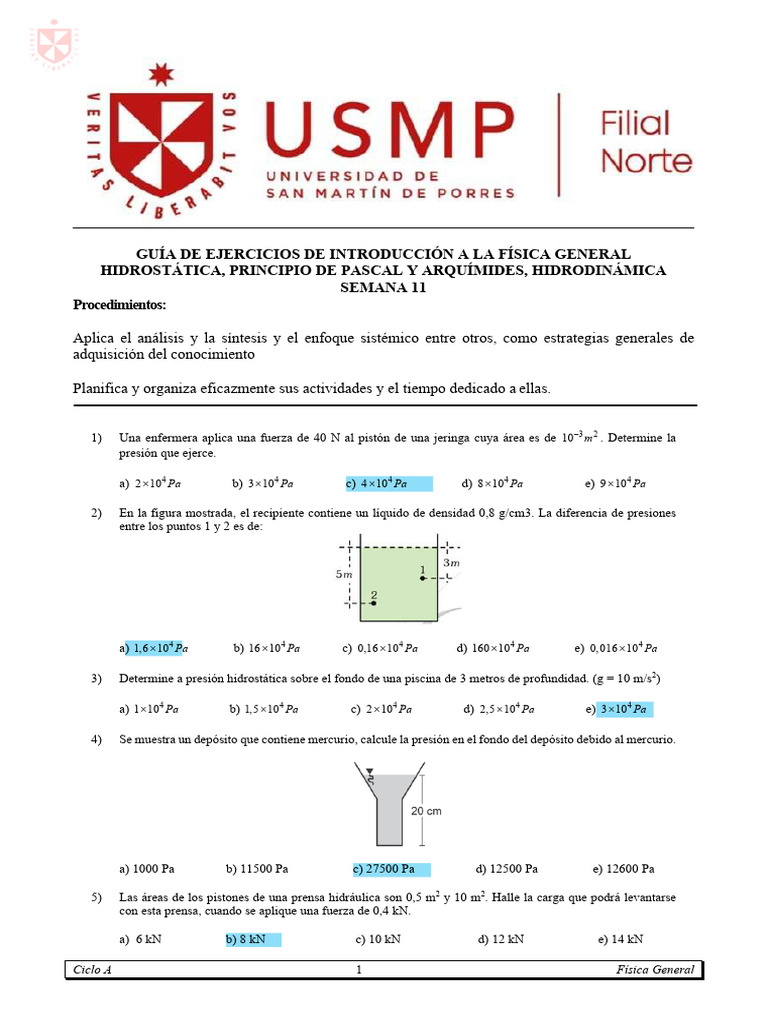 Guía de Ejercicios - S11 | PDF | Pascal (Unidad) | Presión