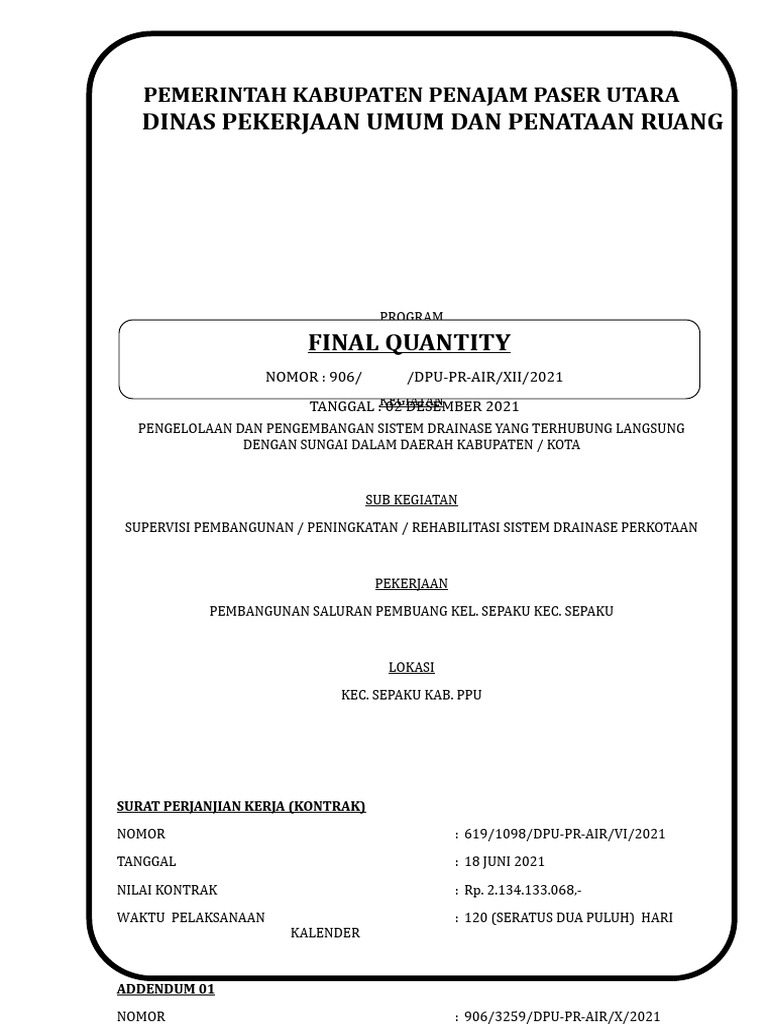 Persetujuan Final Quantity Drainase | PDF | Pengelolaan Keuangan & Uang ...