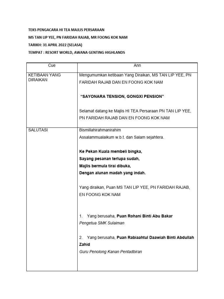(Final) TEKS PENGACARA HI TEA MAJLIS PERSARAAN | PDF