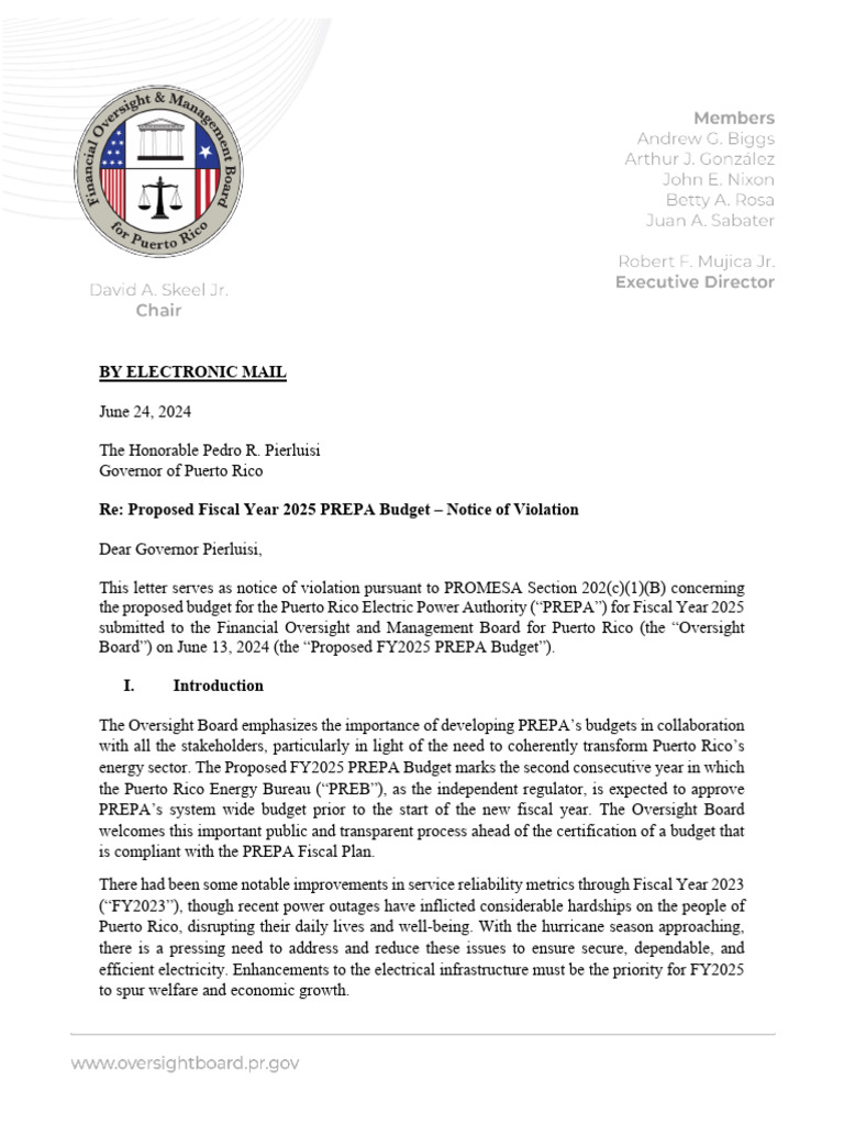 FOMB - Letter - Governor - PREPA Budget Notice of Violation - June 24 ...