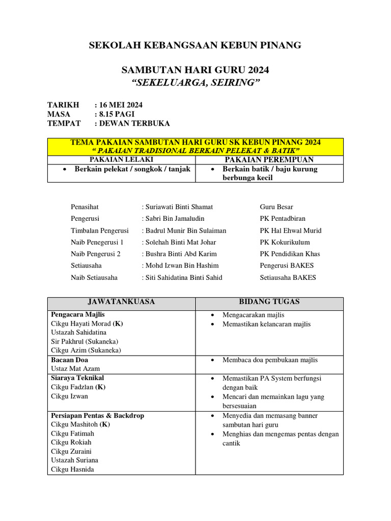 Ajk Tentatif Sambutan Hari Guru 2024 | PDF