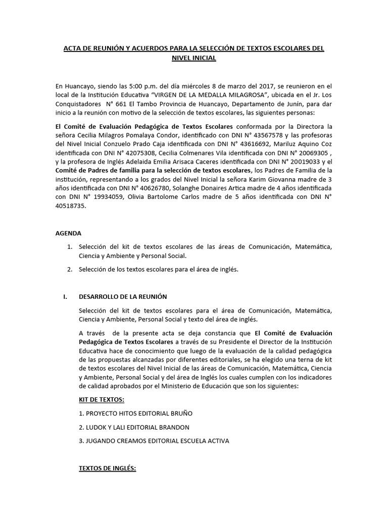 Acta de Reunión y Acuerdos para La Selección de Textos Escolares Del Nivel Inicial | PDF ...