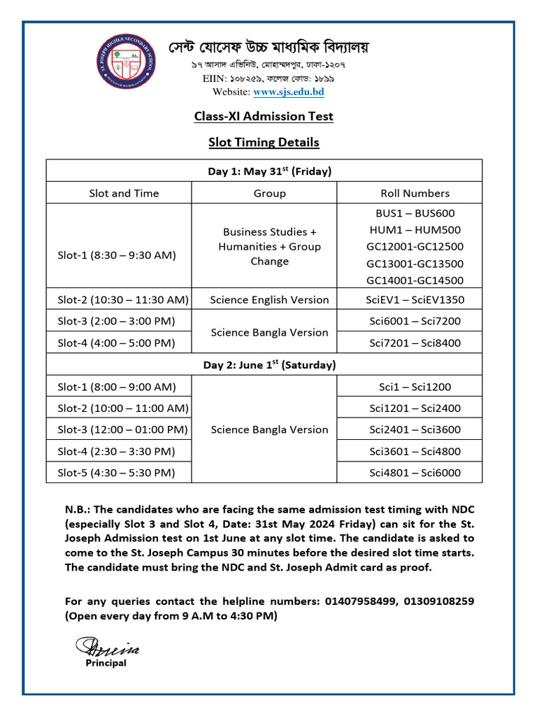 Class XI - Slot Timing Details | PDF