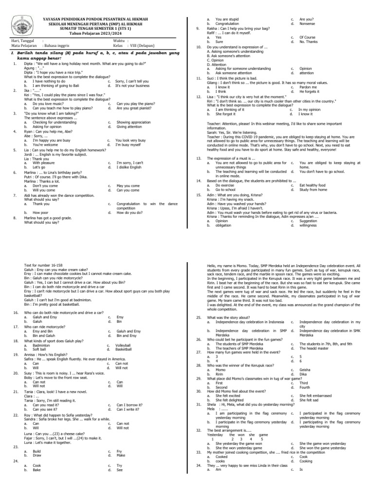 FORMAT SOAL STS kls8 | PDF