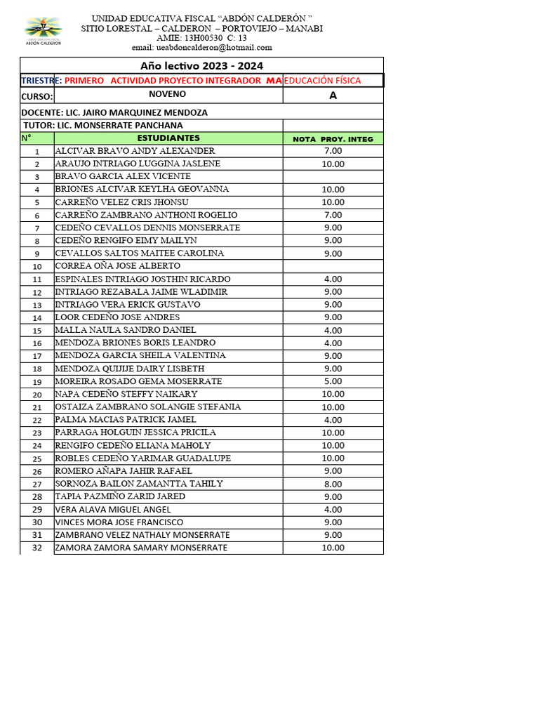 Nota de Proyecto Eeff Noveno A | PDF