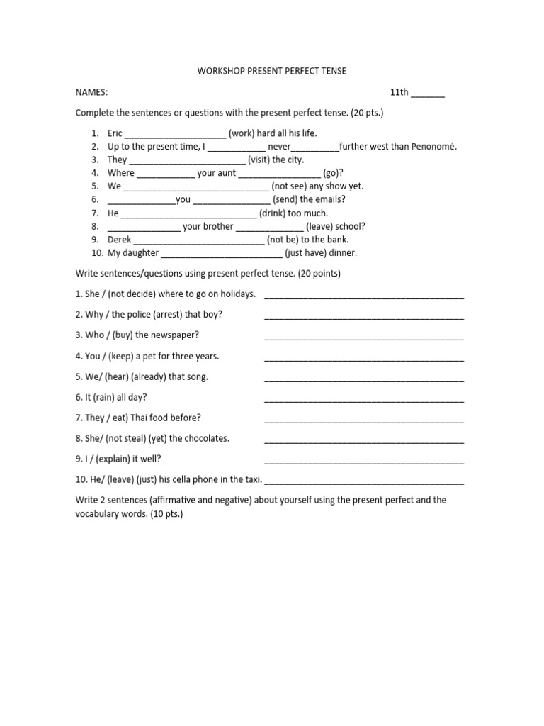 Workshop Present Perfect Tense | PDF