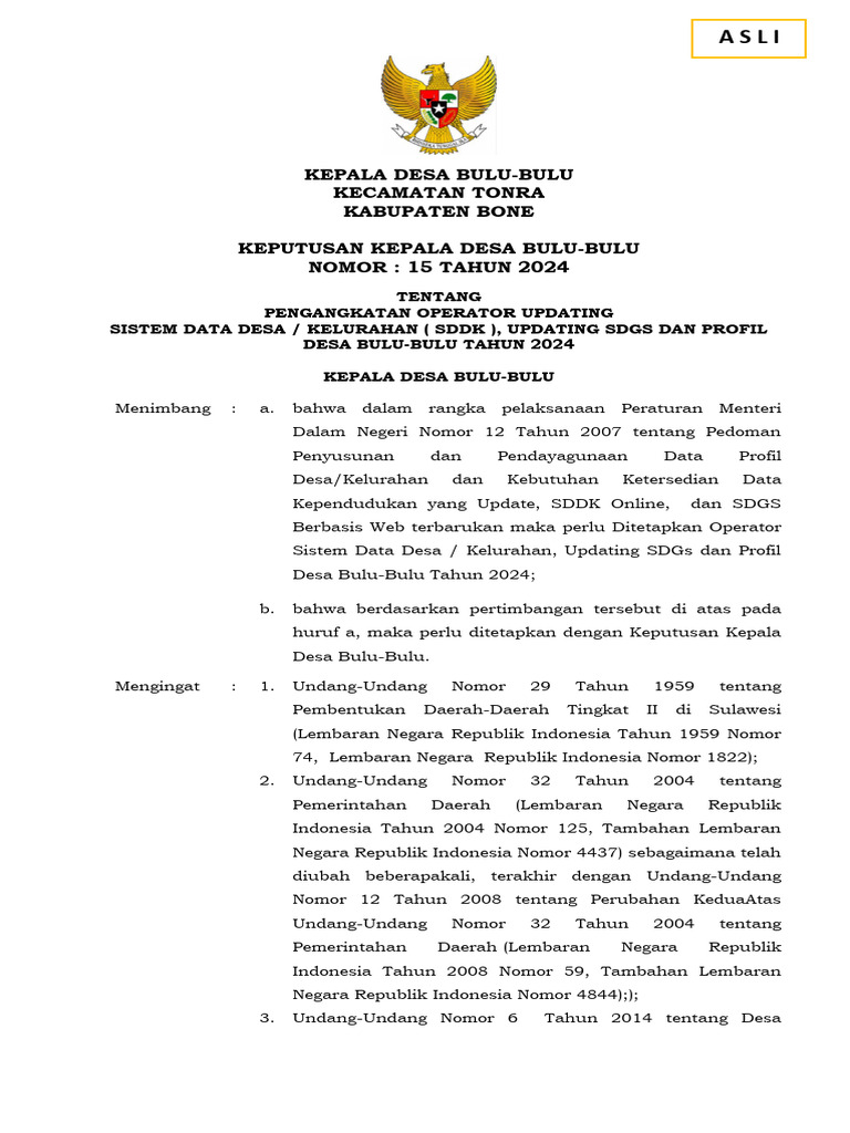 Sk Operator Updating Sddk Sdgs Dan Profil Desa 2024 Pdf 