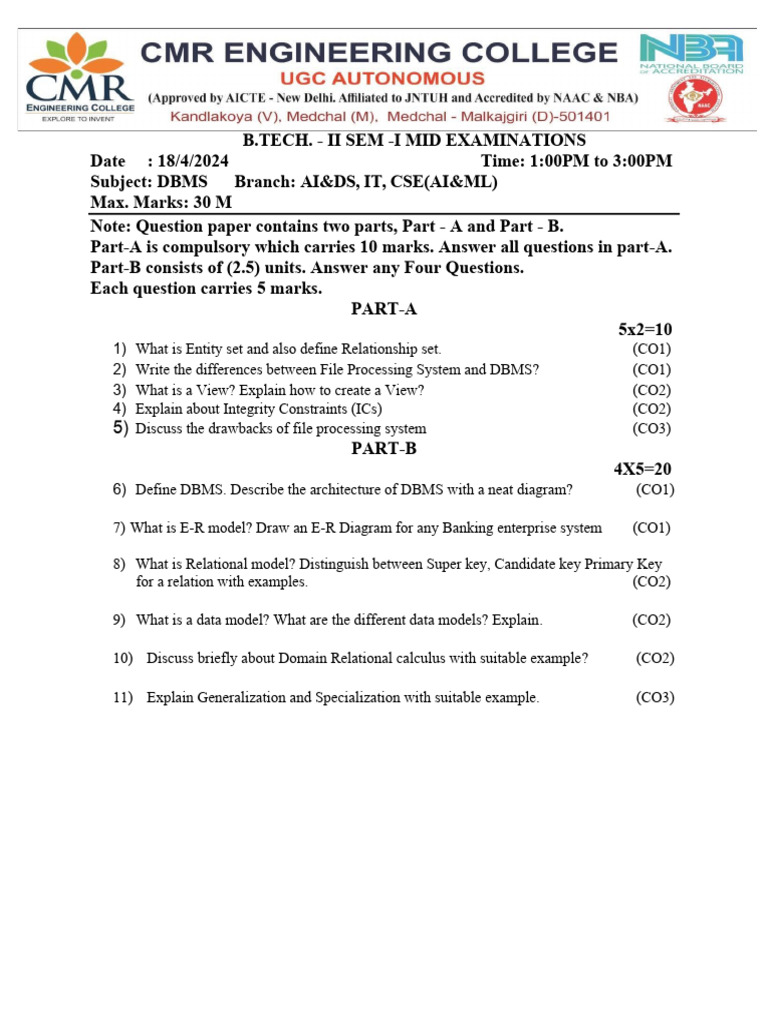 DBMS Midi Question Paper | PDF | Data Model | Databases
