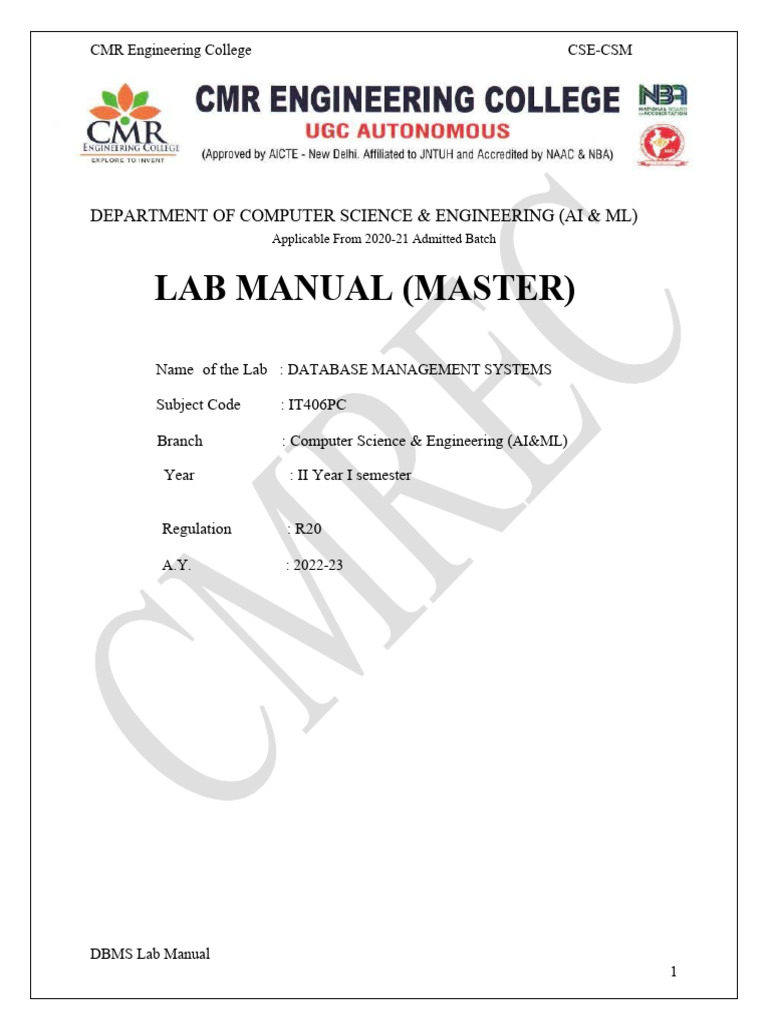 Dbms Lab Manual r20 Syllabus | PDF | Relational Database | Databases Dbms Lab Manual r20 Syllabus | PDF | Relational Database | Databases