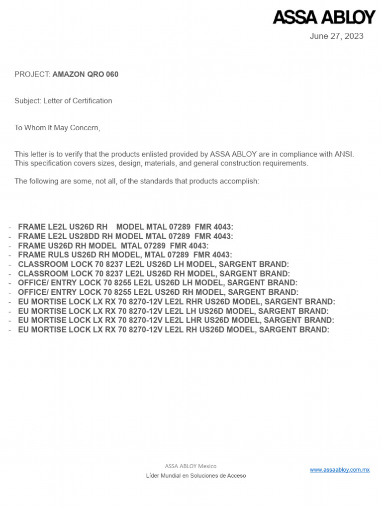 ASSA ABLOY Product Certification Letter | PDF | Home & Garden ...