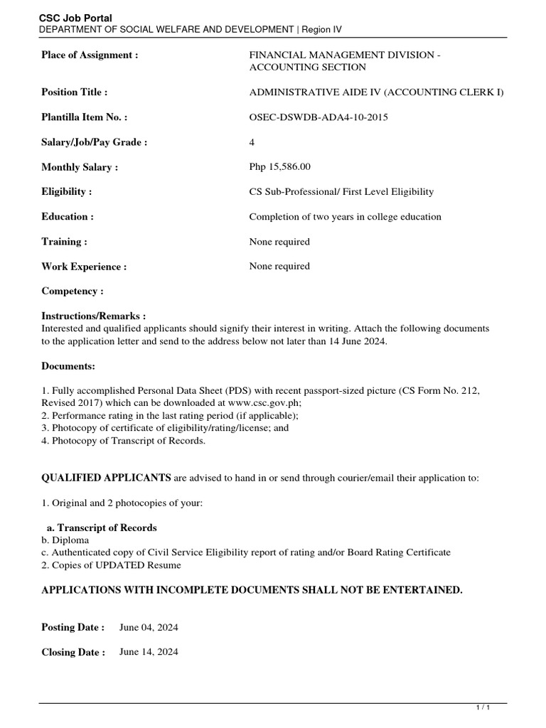 Department of Social Welfare and Development-Administrative Aide IV ...