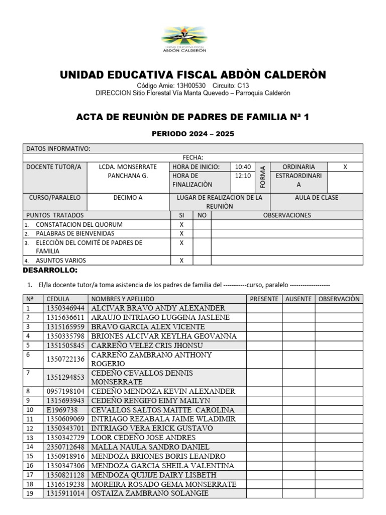 Acta Reunión Padres 2024-2025 Abdón Calderón | PDF | Residuos | Institución