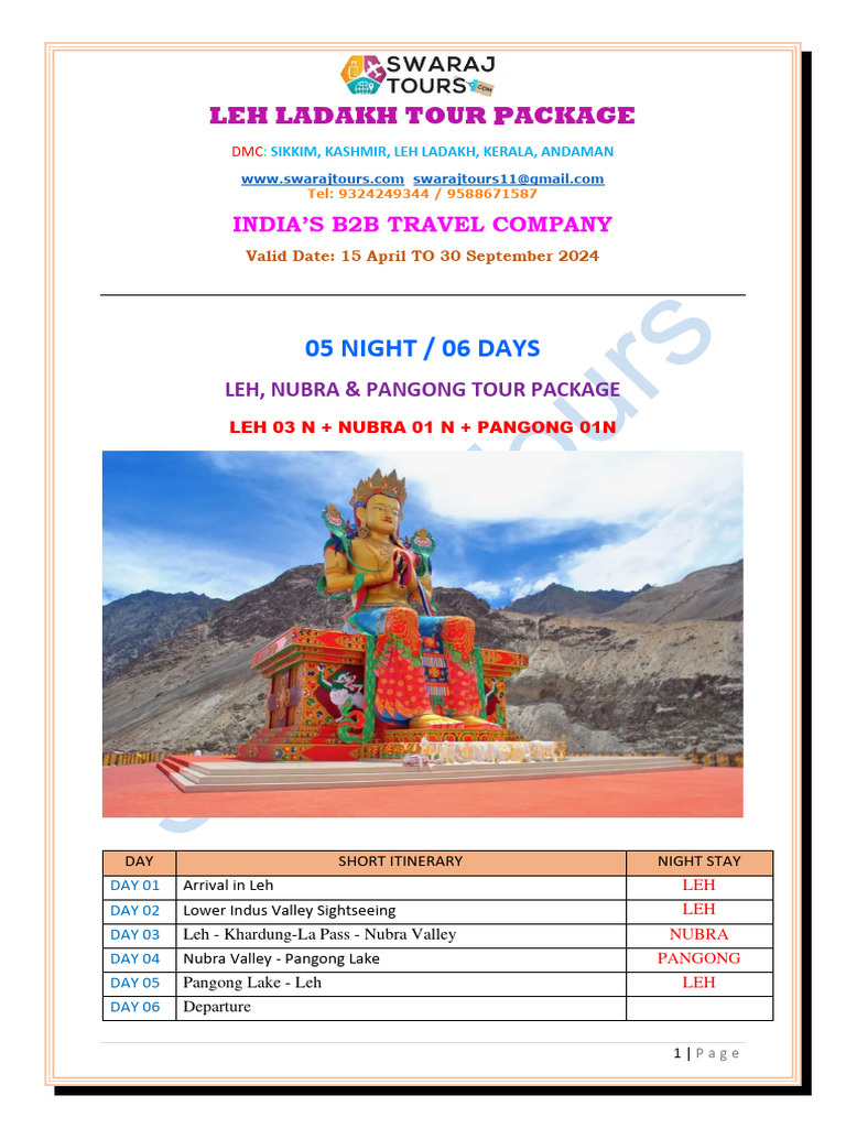 Leh Ladakh 5 Night 6 Days b2b Tour Package | PDF