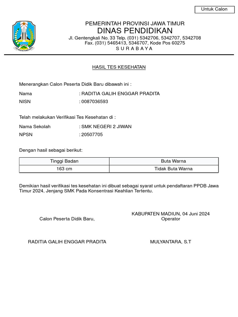 Hasil Tes Kesehatan | PDF