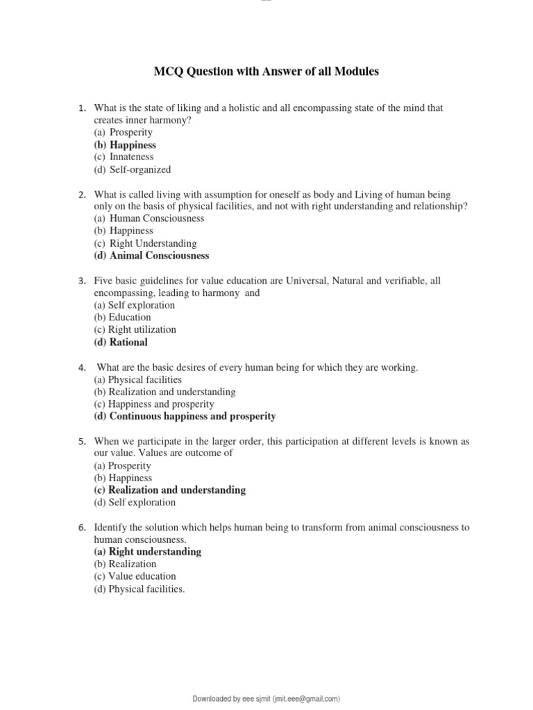 Uhv All Modules MCQ | PDF | Consciousness | Happiness