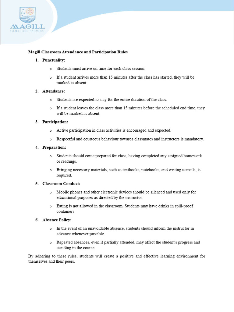 Classroom Attendance and Participation Rules | PDF | Wellness