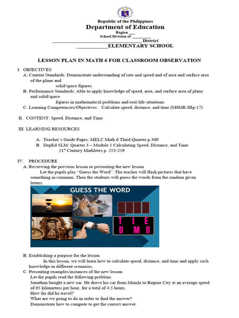 Math 6 Lesson Plan: Speed & Distance | PDF | Speed | Distance