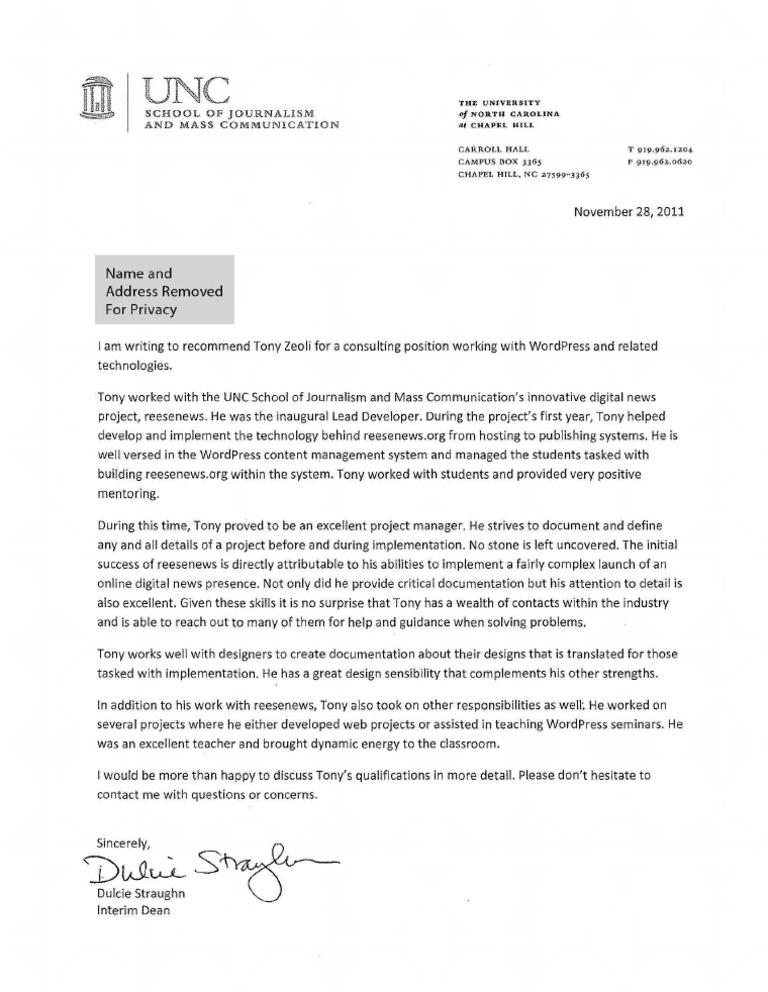 Recommendation Letter From UNC School of Journalism and Mass ...
