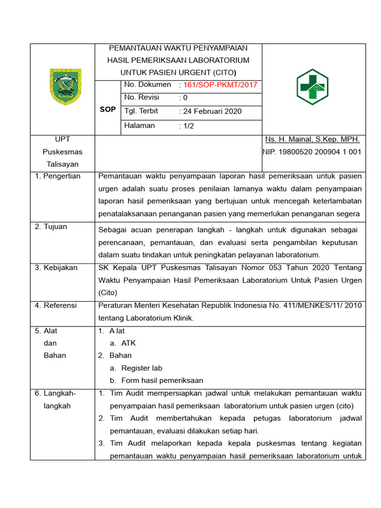 SOP PEMANTAUAN WAKTU PENYAMPAIAN HASIL PEMERIKSAAN LABORATORIUM UNTUK ...